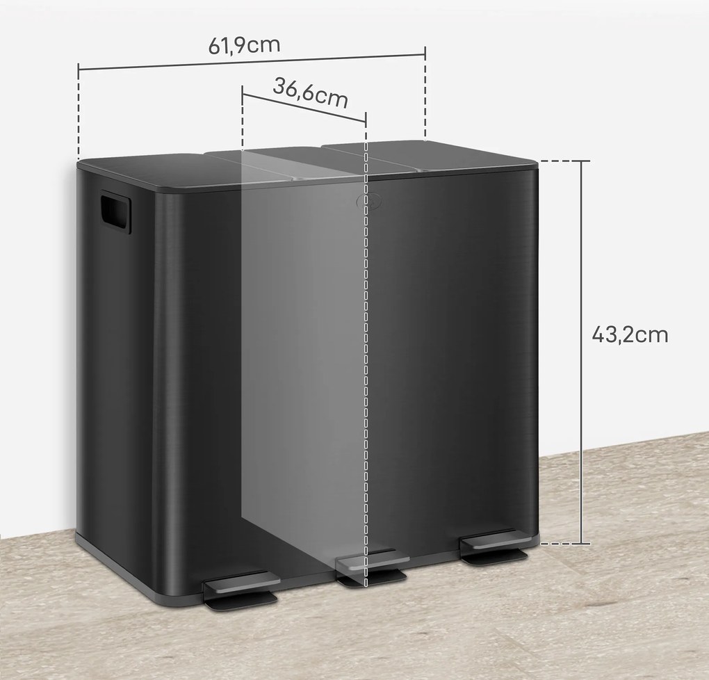 HOMCOM Odpadkový koš 3 x 15 l pedálový s víkem a nožním pedálem, nerezový odpadkový koš s vnitřním košem do obývacího pokoje a kanceláře 61,9 x 36,6 …