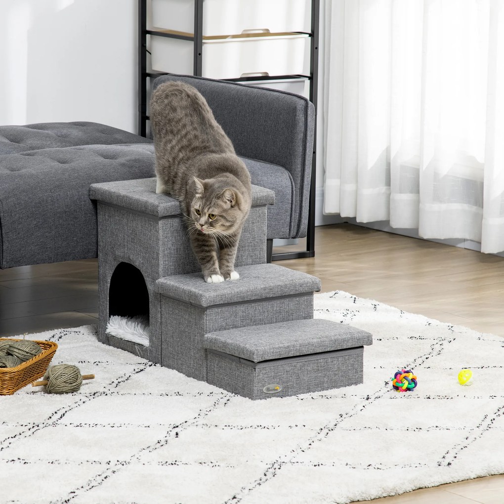 PawHut Psí Schody 3 Kroků Výška 40,5 cm Štěrbinové Schody s Úložným Prostorem a Polštářem pro Kočky pro Malé Psy Psí Rampy s Pratelným Povlakem pro P…