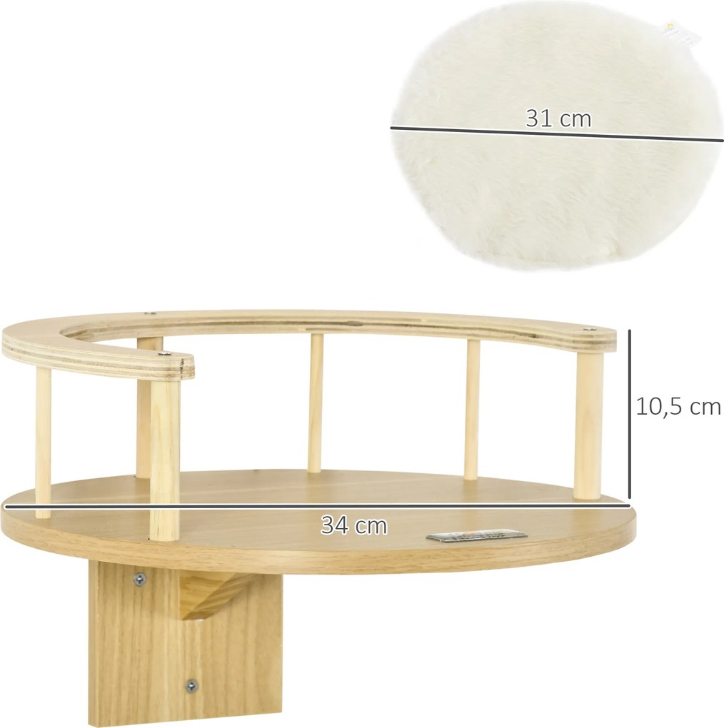 PawHut pelíšek pro kočky k montáži na stěnu Lehátko pro kočky s ochranným okrajem a polštářem, dub+krémově bílá, Ø34x10,5 cm| Aosom