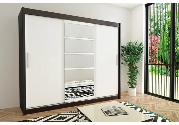 Velká šatní skříň s posuvnými dveřmi z toho jedny zrcadlové Lily 250 v barvě wenge-bílá