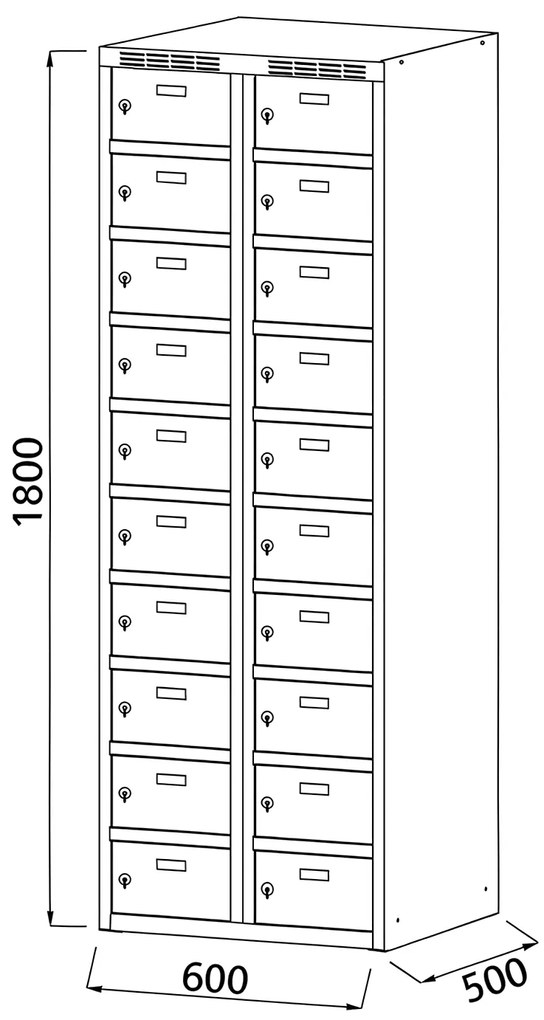 Alfa 3 Šatní skříňka S6 s úložnými boxy, 20 boxů, 1800 x 600 x 500 mm, cylindrický zámek, tmavě šedé dveře