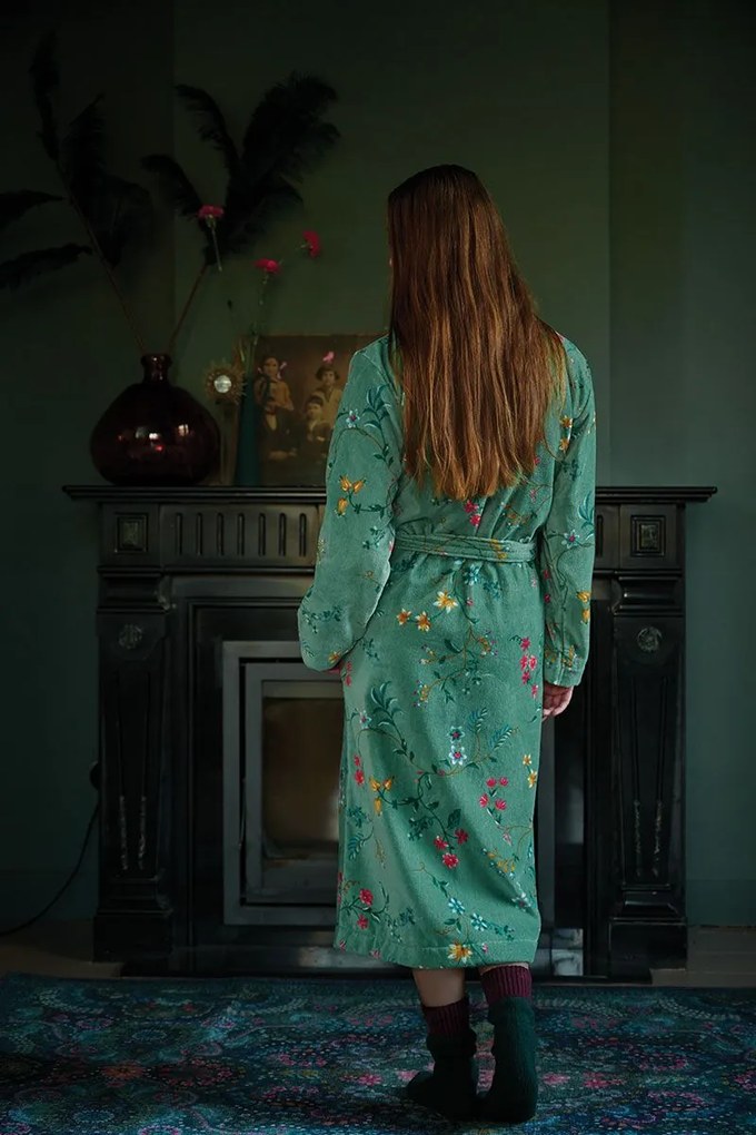 Pip Studio Les Fleurs bavlněný froté župan - zelený (Dámský župan z bavlněného froté středně dlouhý)