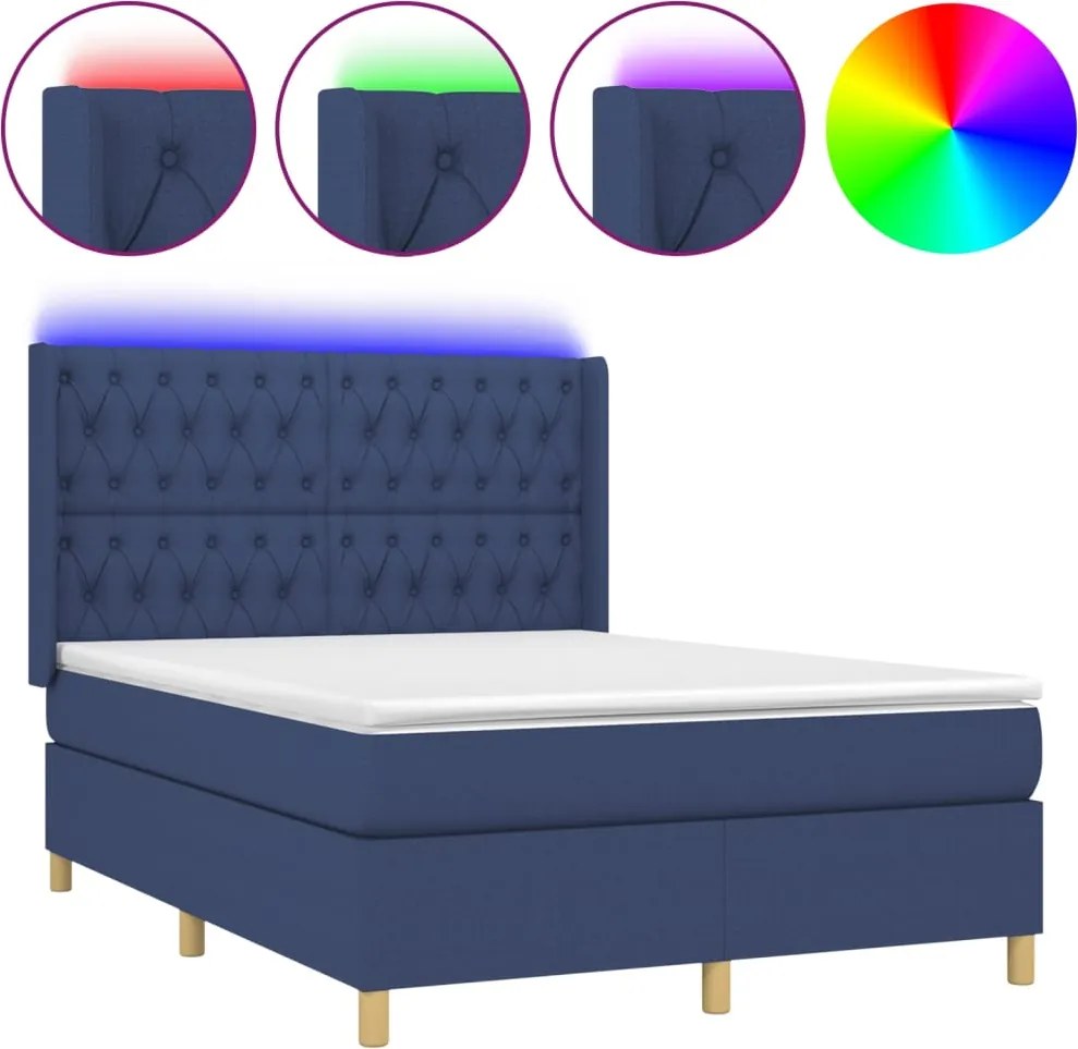 Box spring postel s matrací a LED modrá 140x200 cm textil 3139123