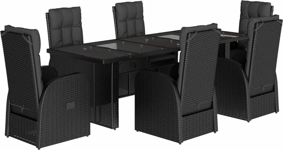 7dílný zahradní jídelní set s poduškami černý polyratan 3277637