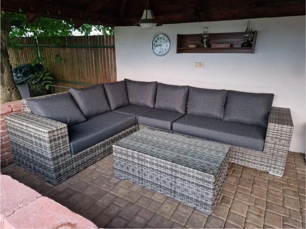 Zahradní set – exkluzivní souprava Bianca 2 pro 6 osob, kulatý šedý umělý ratan 303x240cm