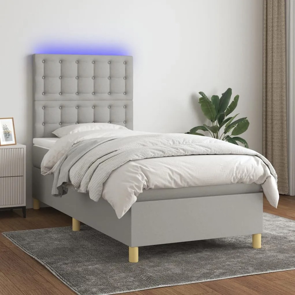 Box spring postel s matrací a LED světle šedá 90x200 cm textil 3135725