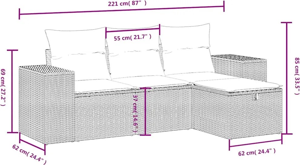 4dílná zahradní sedací souprava s poduškami černá polyratan 3264371