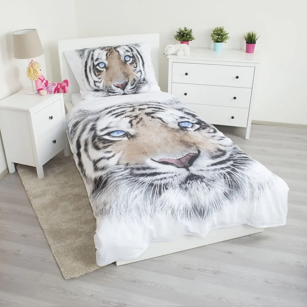 Bílo-šedé bavlněné dětské povlečení na jednolůžko 140x200 cm White Tiger – Jerry Fabrics