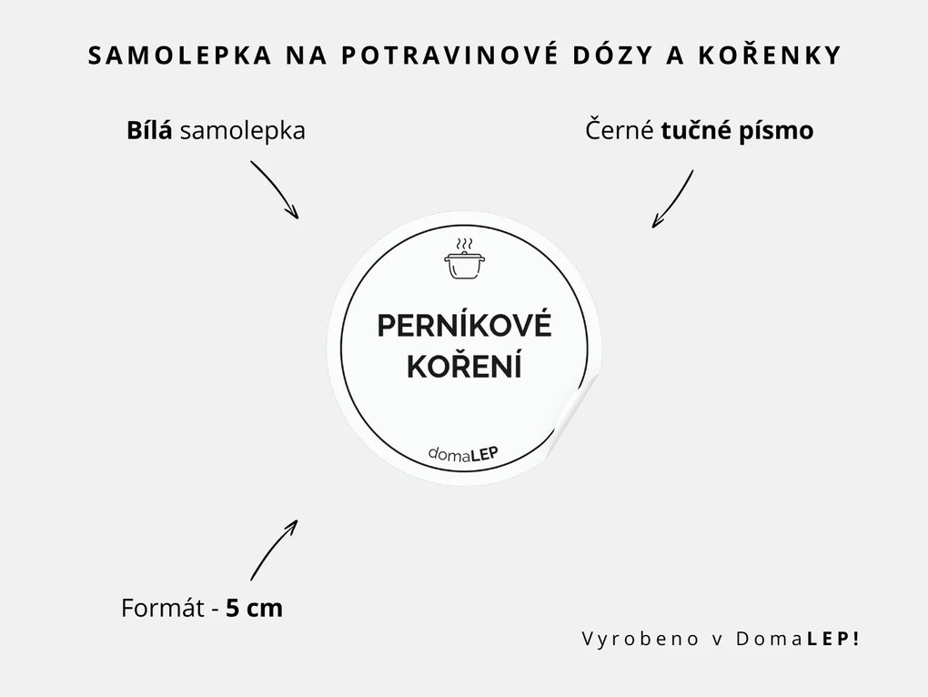 PERNÍKOVÉ KOŘENÍ - omyvatelná samolepka na kořenky, výběr rozměrů Ø 5 cm / 5 x 5 cm / 6 x 8 cm | DomaLEP tvar: ČTVEREC, barva: BÍLÁ - ČERNÉ písmo, velikost: š. 5 cm x v. 5 cm - základní písmo