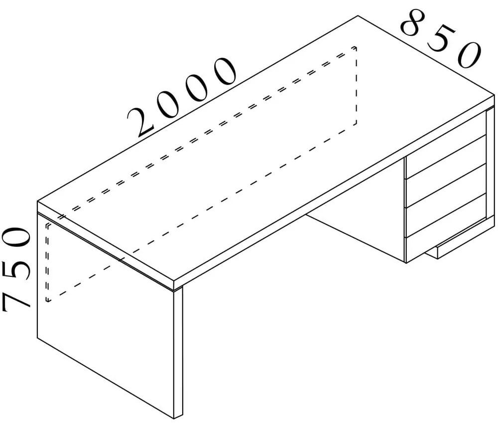 Stůl Lineart 200 x 85 cm + pravý kontejner, jilm tmavý / bílá
