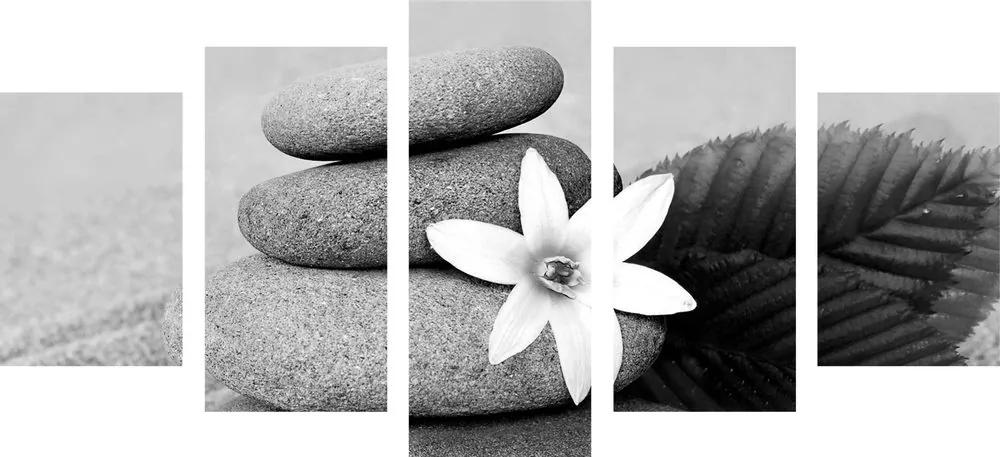 5-dílný obraz květ a kameny v písku v černobílém provedení - 200x100 cm
