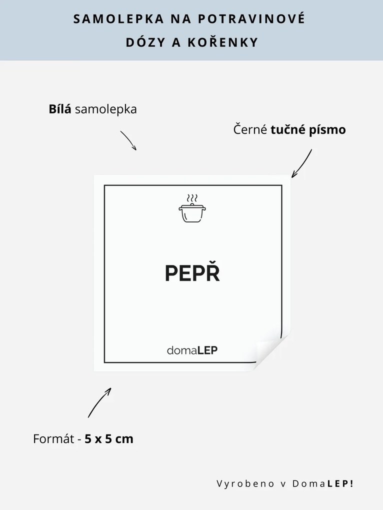 Samolepka na kořenky PEPŘ  bílá 5 × 5 cm tučné písmo