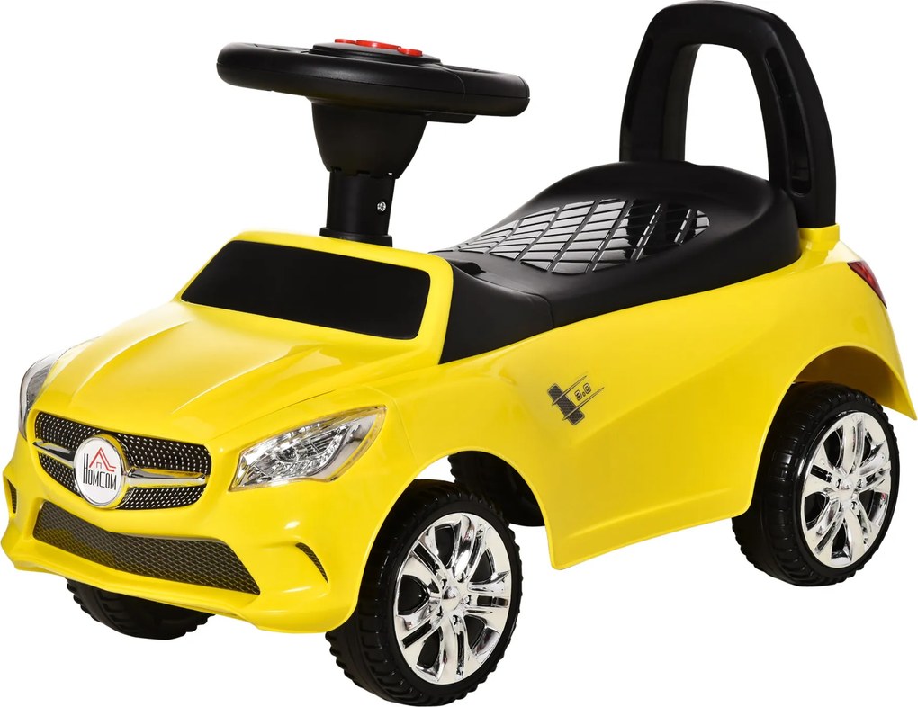 HOMCOM Dětské odrážedlo s volantem, světly a integrovanou hudbou, auto pro děti z PP a kovu, 63,5x28x36 cm, žluté
