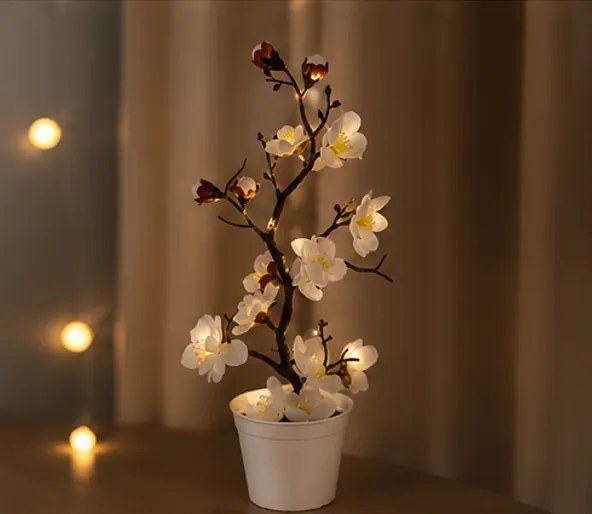 umělá květina, bonsai švestkového květu, plast, výška 28 cm, bílá, Dekorino UK20260003