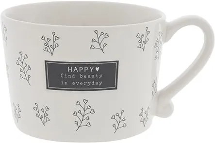 Keramický hrníček Bastion Collections bílý s černými kytičkami a nápisem HAPPY, 250 ml