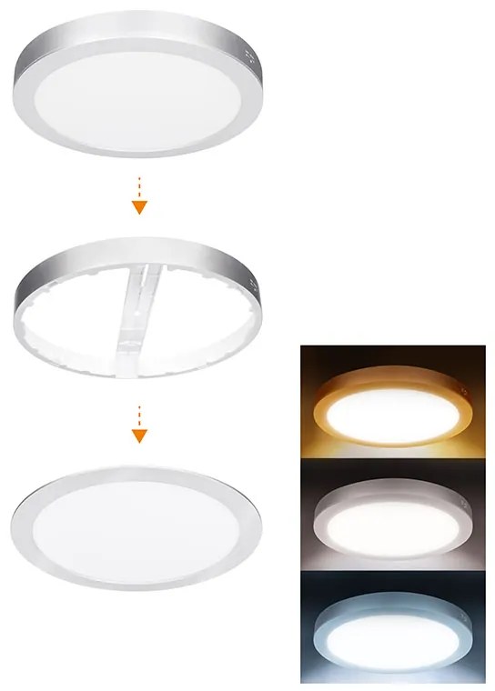 Solight LED mini panel koupelnový 2v1, 3CCT, podhledový/přisazený, 24W, 2040lm, IP54, stříbrná, kulatý