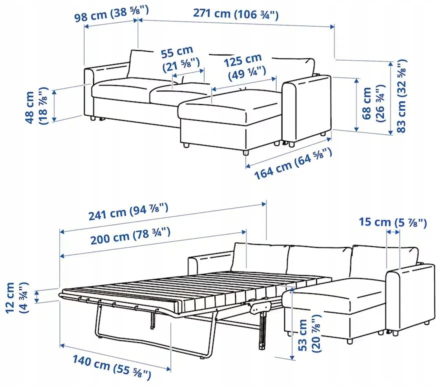 IKEA VIMLE 3-místná rozkládací pohovka s lenoškou, Hallarp šedá