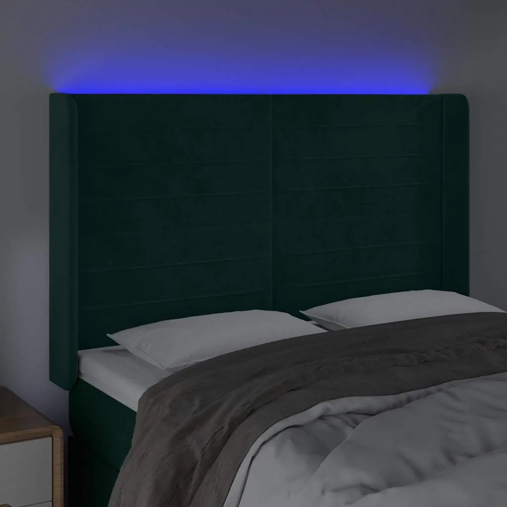 Čelo postele s LED tmavě zelené 147 x 16 x 118/128 cm samet 3124239