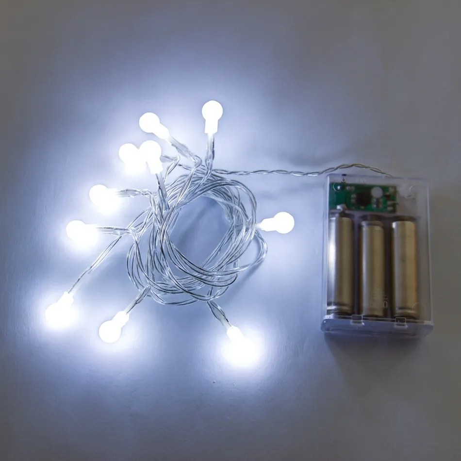 LED světýlka na baterie, kouličky, 2,1 m, ledově bílá, 10 diod, IP20 interiér, 3 × AA