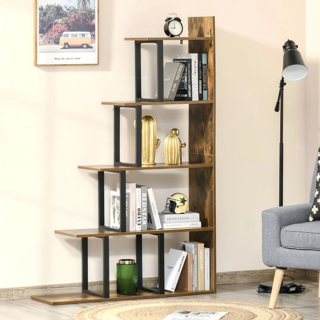 HOMCOM Knihařský regál s 5 policemi ve stylu industriálního schodiště 102 x 30 x 160 cm Rustikální hnědá