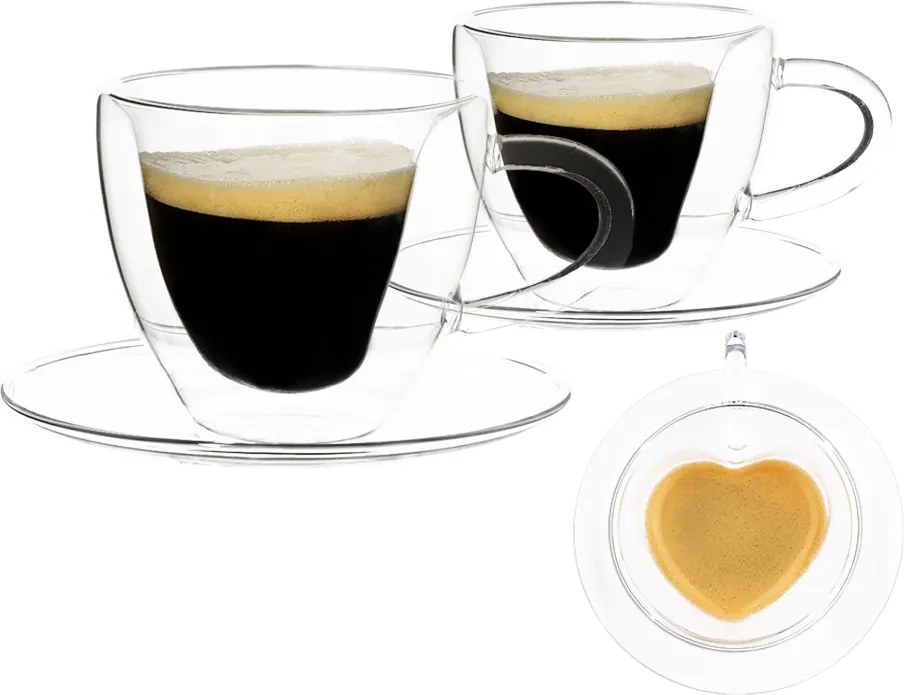 Termo sklenice, set 2 ks, šálek Heart s podšálky, ve tvaru srdce, 150 ml, HOTCOOL TYP 5