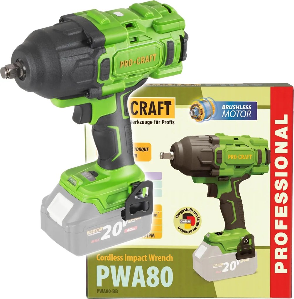 Procraft PWA80 20V - akumulátorový rázový utahovák (bez akumulátoru a nabíječky)