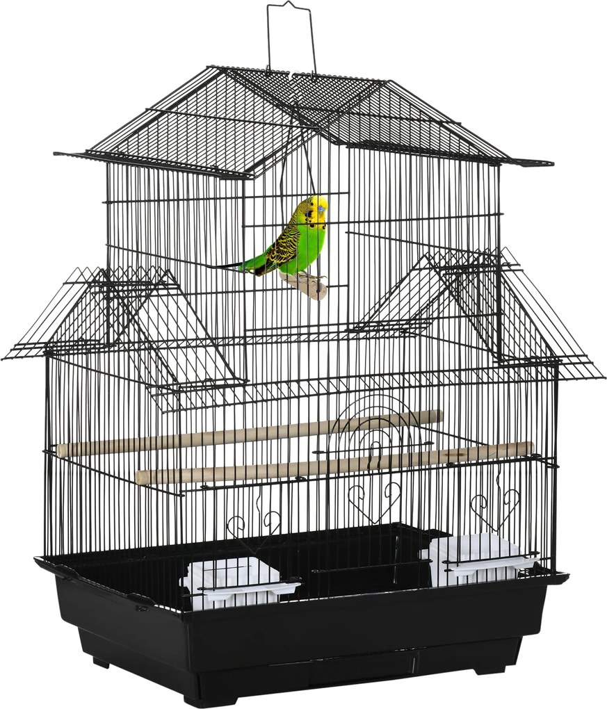 PawHut Ocelová ptákovka s krmítky, bidly, houpačkou a vyjímatelným táckem - Velká ptákovka pro papoušky, kanáry a andulky 50,5x41x63 cm Černá | Aosom