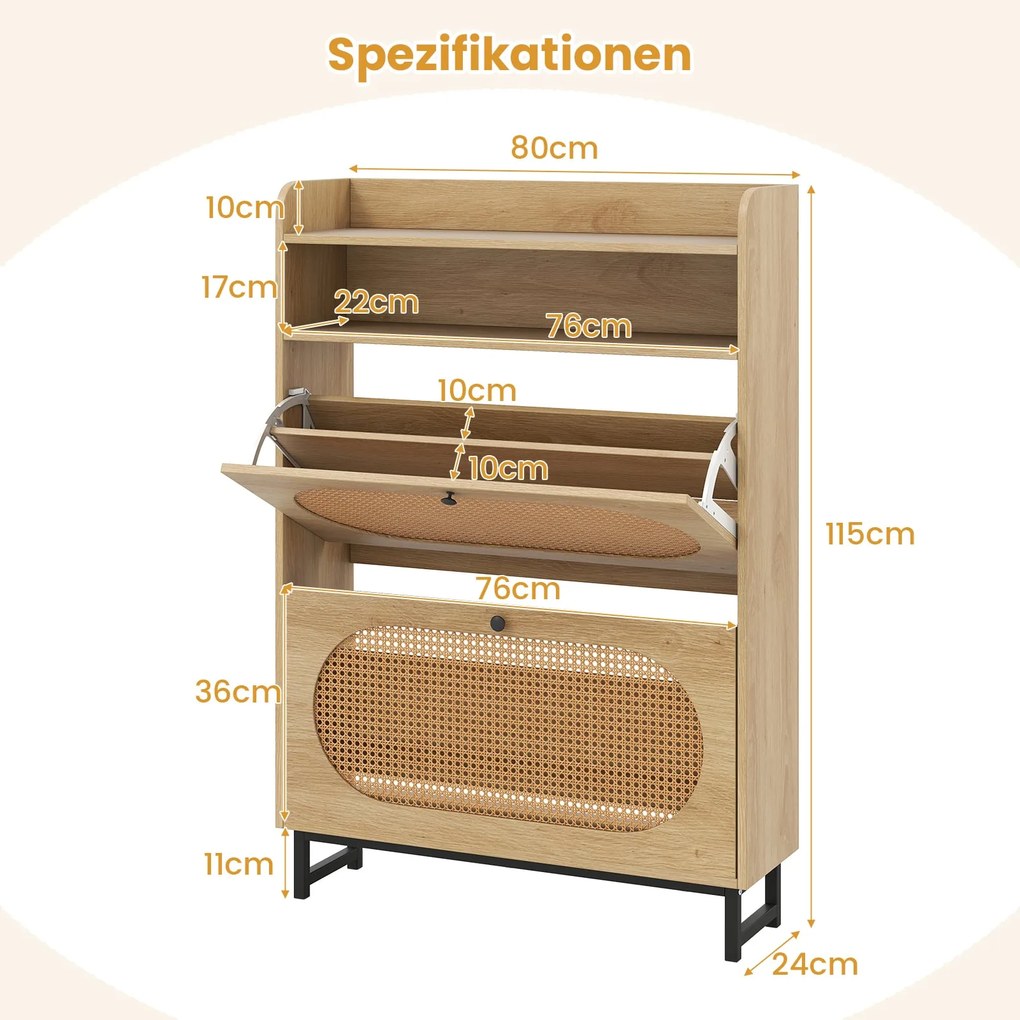 Costway Botník s 2 výklopnými zásuvkami volně stojící botník s ratanovými dvířky
