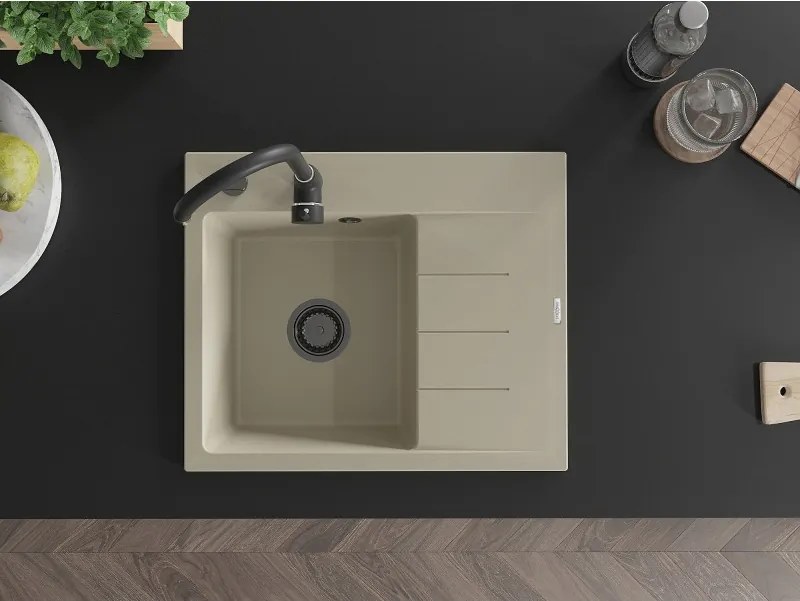 Mexen Ben, 1-komorový granitový dřez 600x500x190 mm, levý + černý sifon, béžová, 6522605000-69-B