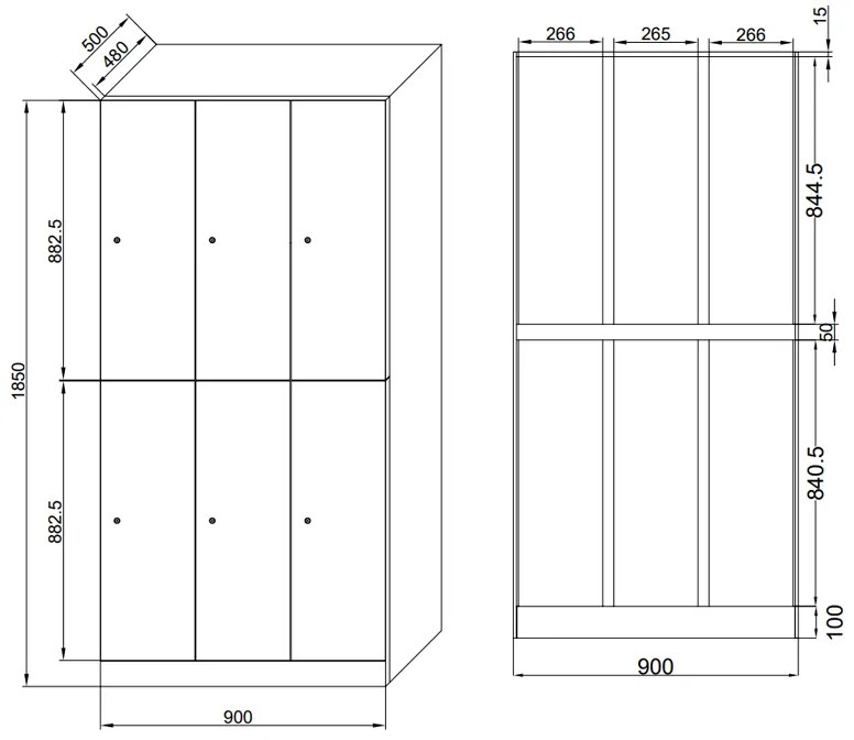 Šatní skříňka S1 s úložnými boxy, 6 boxů, 1850 x 900 x 500 mm, demont, cylindrický zámek, zelené dveře