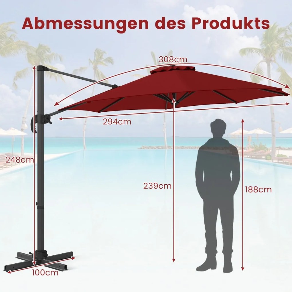 Costway Slunečník s klikou 360° otočný – 300 × 300 cm, červený