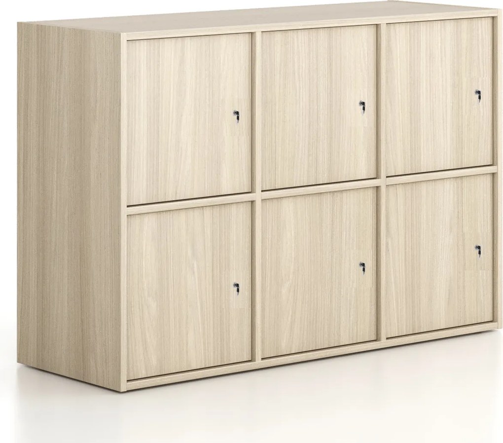 Kancelářská skříň FRAME, nízká, 6x dveře, 1299 x 450 x 881 mm, cylindrický zámek, dub přírodní