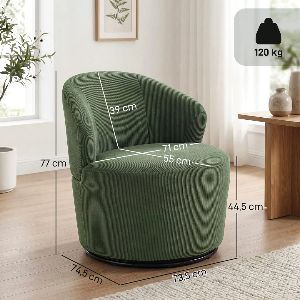 Otočné lounge křeslo HOMCOM se širokým sedákem — moderní čalouněné křeslo s oblým opěradlem a silným polstrováním, manšestr, zelené