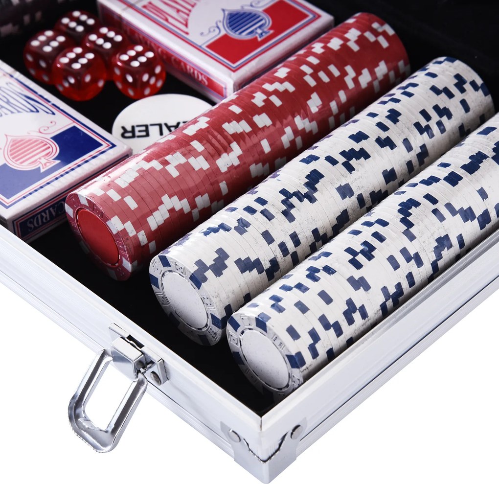 Sada pokerových kufříků HOMCOM s 300 žetony, 2 balíčky karet a 5 kostkami v hliníkovém kufříku, ideální pro kasinové večery, 38x20,5x6,5cm