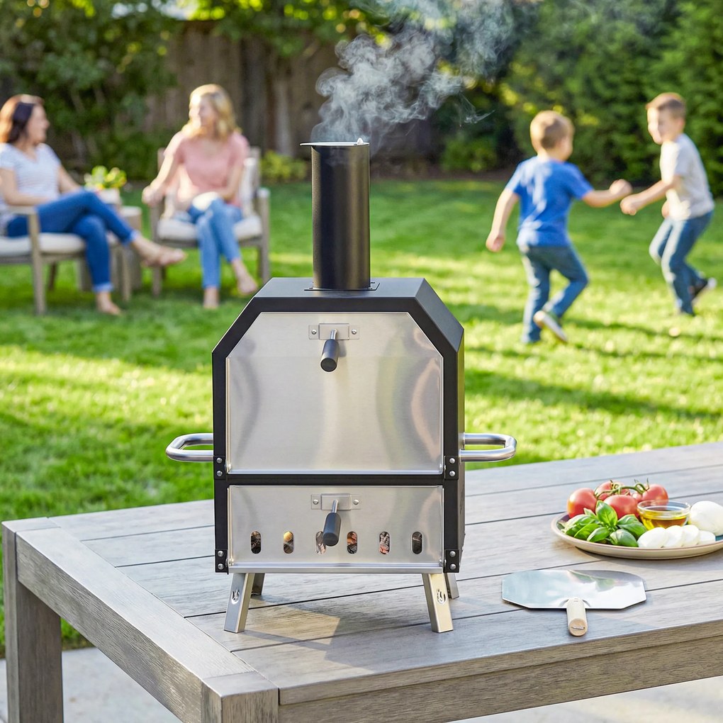 Venkovní pec na pizzu Pec na pizzu na dřevo nerezová dvouúrovňová pec s 1 cm silným pizza kamenem sklopná noha