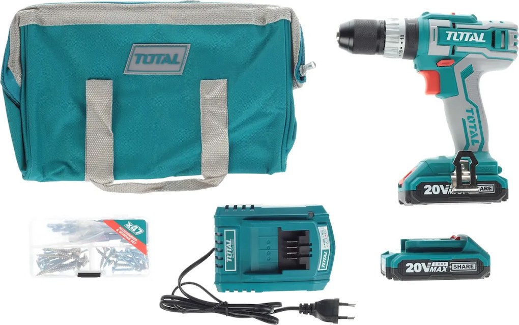 Vrtací šroubovák aku s příklepem, 20 V Li - ion (2x), 2000 mAh, v tašce, sada 50 ks TOTAL TIDLI2002E