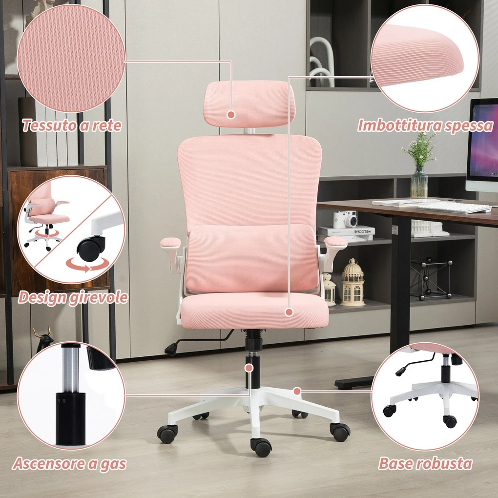Ergonomická kancelářská židle Vinsetto s bederní podporou, sklápěcí opěrkami, nastavitelným opěradlem, otočná židle s vysokým opěradlem, výškově nast…