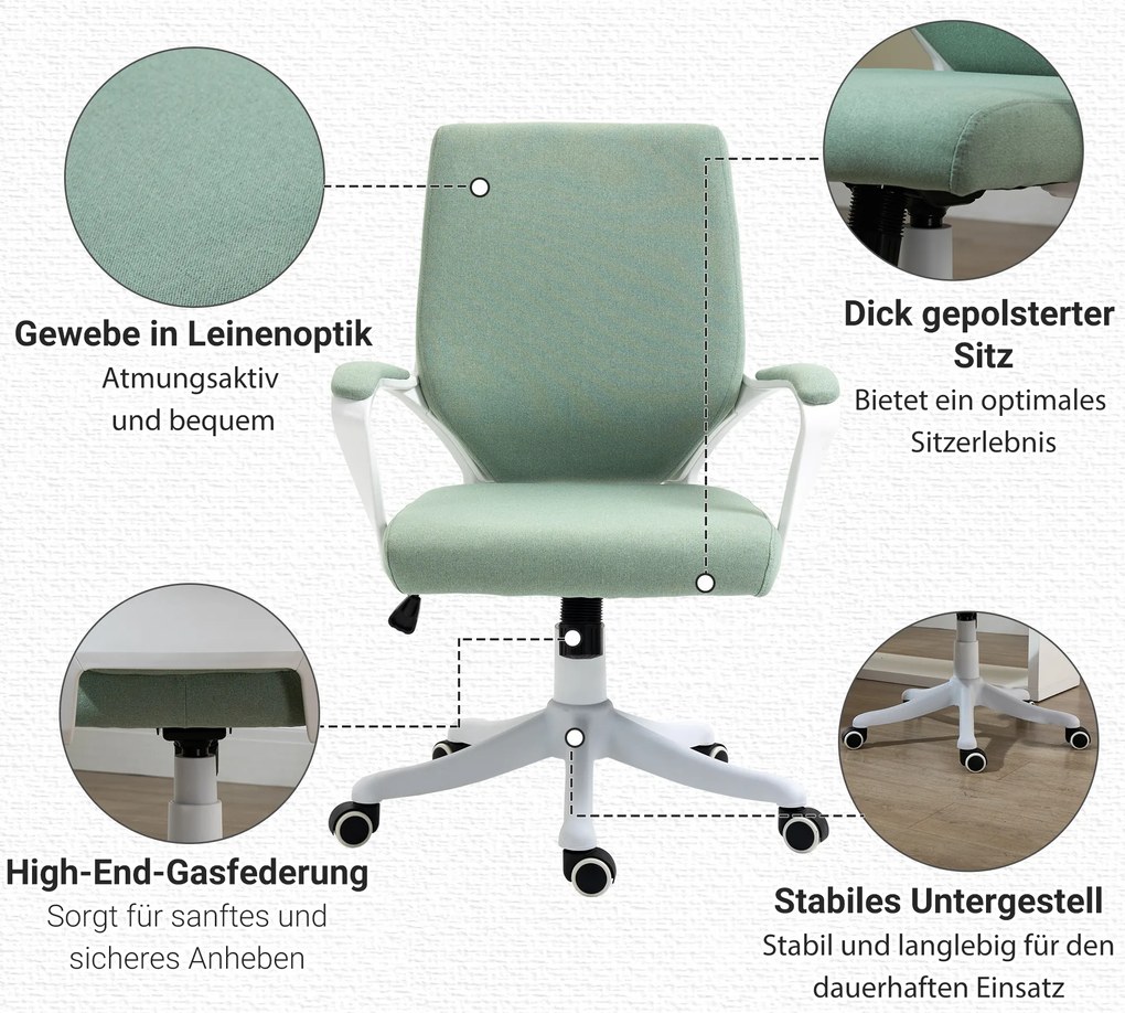 Kancelářská židle Vinsetto ergonomická s houpací funkcí čalouněná 360° otočná kolečka polyester zelená 62x69x92-100cm | Aosom.de