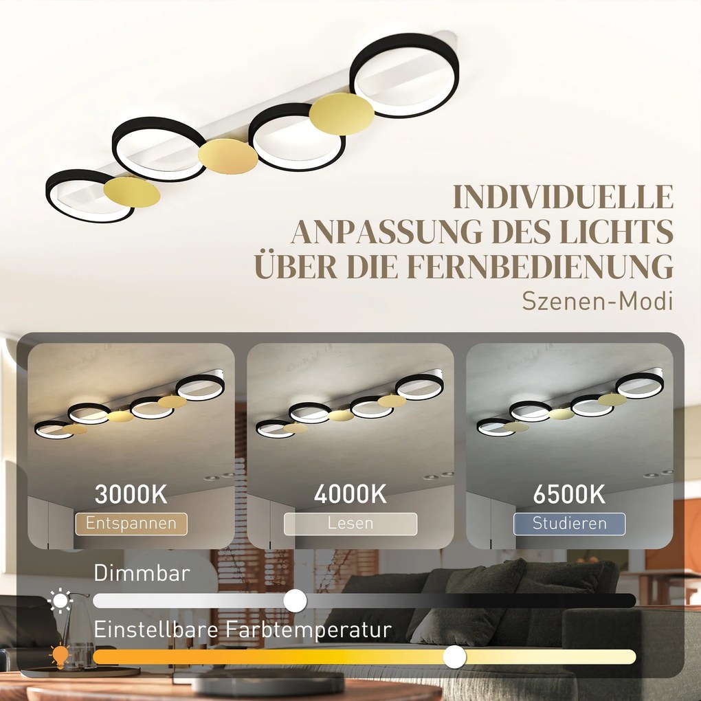 Stropní svítidlo LED 38W 1500LM 3000K-6500K Stropní svítidlo Lampa do obývacího pokoje se 4 žárovkami dálkové ovládání Černá+zlatá