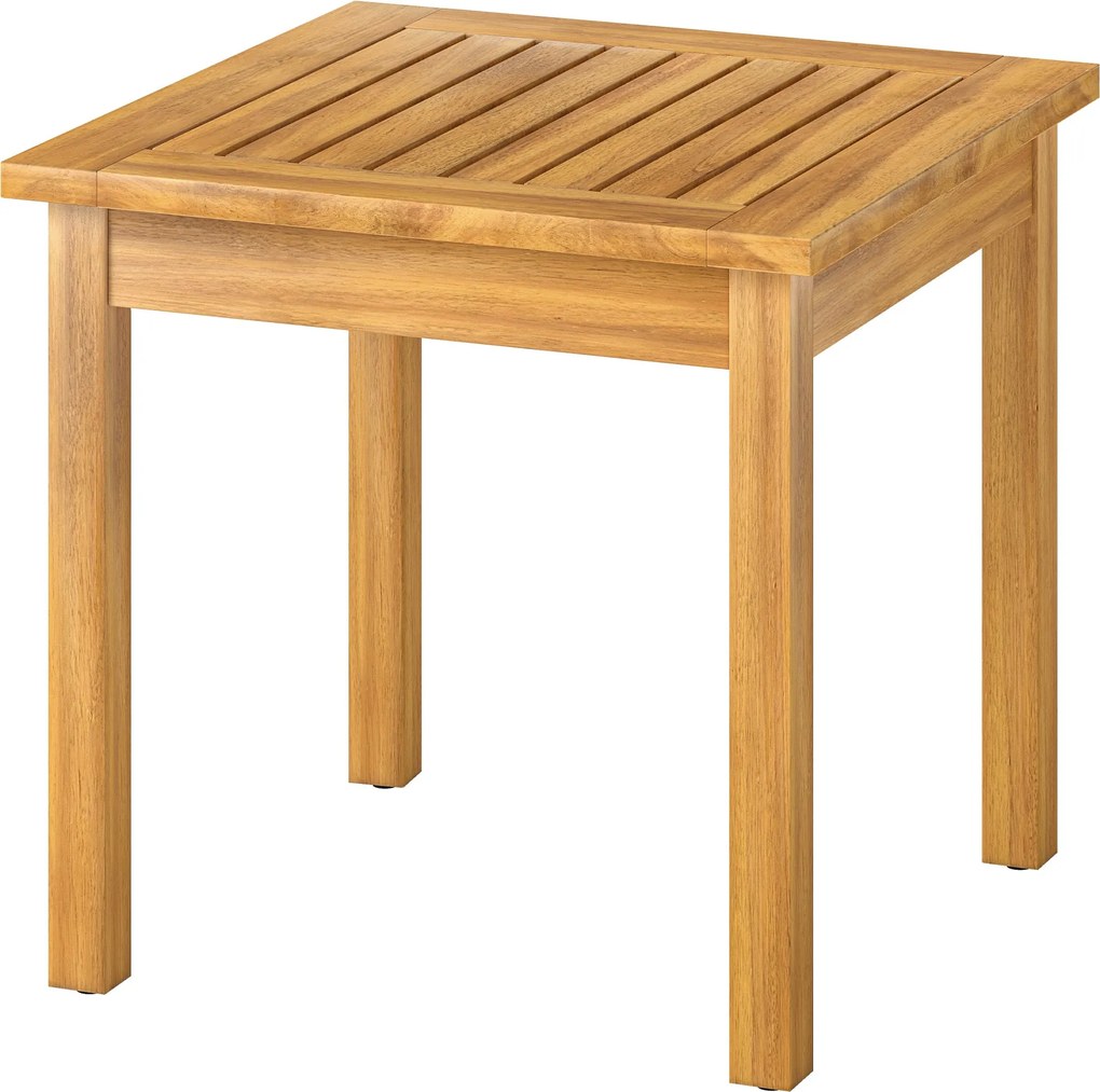 Outsunny čtvercový příruční stolek 48 × 48 × 46 cm, odolný akáciový stolík s latkovou deskou a nastavitelnými nožkami, unese 30 kg