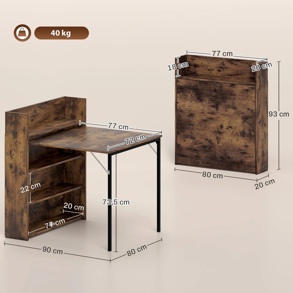 HOMCOM Skládací jídelní stůl s regálem, industriální design, úspora místa, pro malé prostory, 80x90x93cm, rustikální hnědá