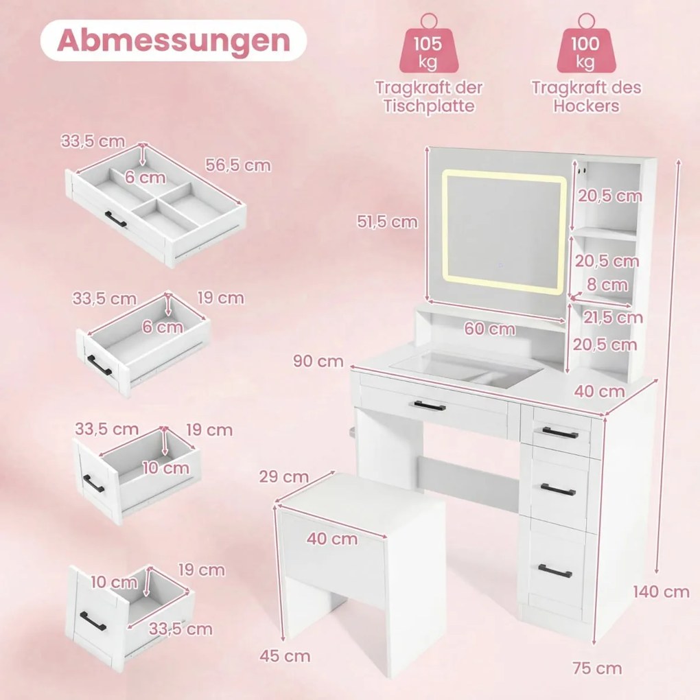Costway Toaletní stolek se zrcadlem a osvětlením set make-up s objímkami