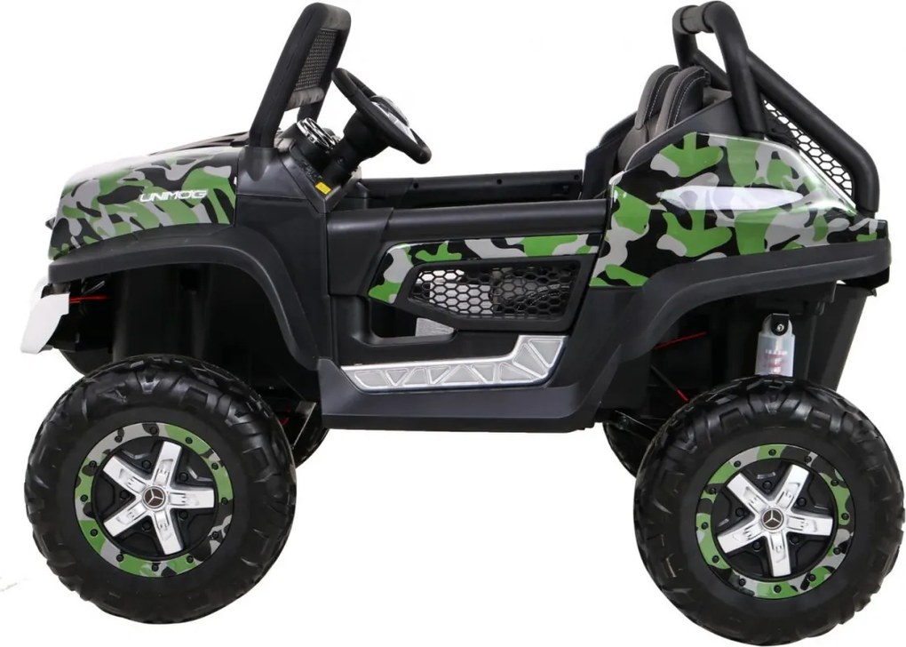 Ramiz Mercedes Benz Unimog elektrické autíčko pro děti maskáčové + pohon 4x4 + dálkové ovládání + nosič zavazadel + pomalý start + rádio MP3 + LED