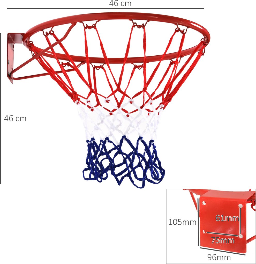 HOMCOM Basketbalový koš se sítí 46 cm, ocelové trubky a nylon, červeno-modro-bílý, ideální pro zahradu a volný čas | Aosom.de