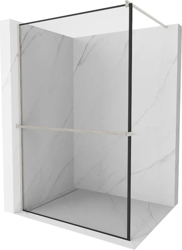 Mexen Kioto+, sprchová zástěna Walk-In s poličkou a věšákem 120 x 200 cm, 8mm čiré sklo černý vzor, broušená ocel profil, 800-120-121-97-70