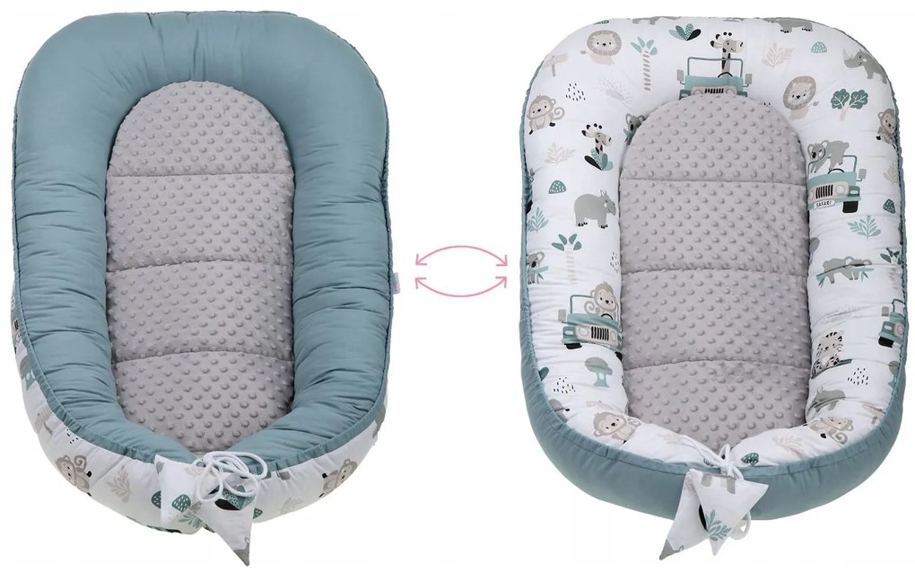 Oboustranné hnízdečko (kokon) pro miminko - BABYMAM PREMIUM set 7v1 - Na safari s šedou minky