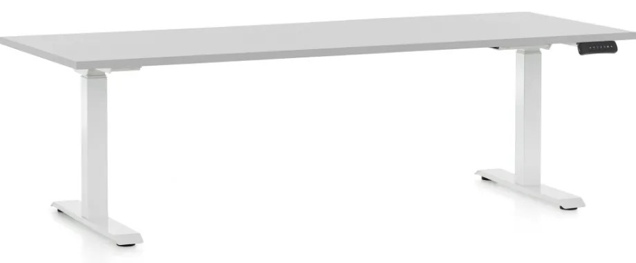 Výškově nastavitelný stůl OfficeTech D, 200 x 80 cm, bílá podnož, světle šedá