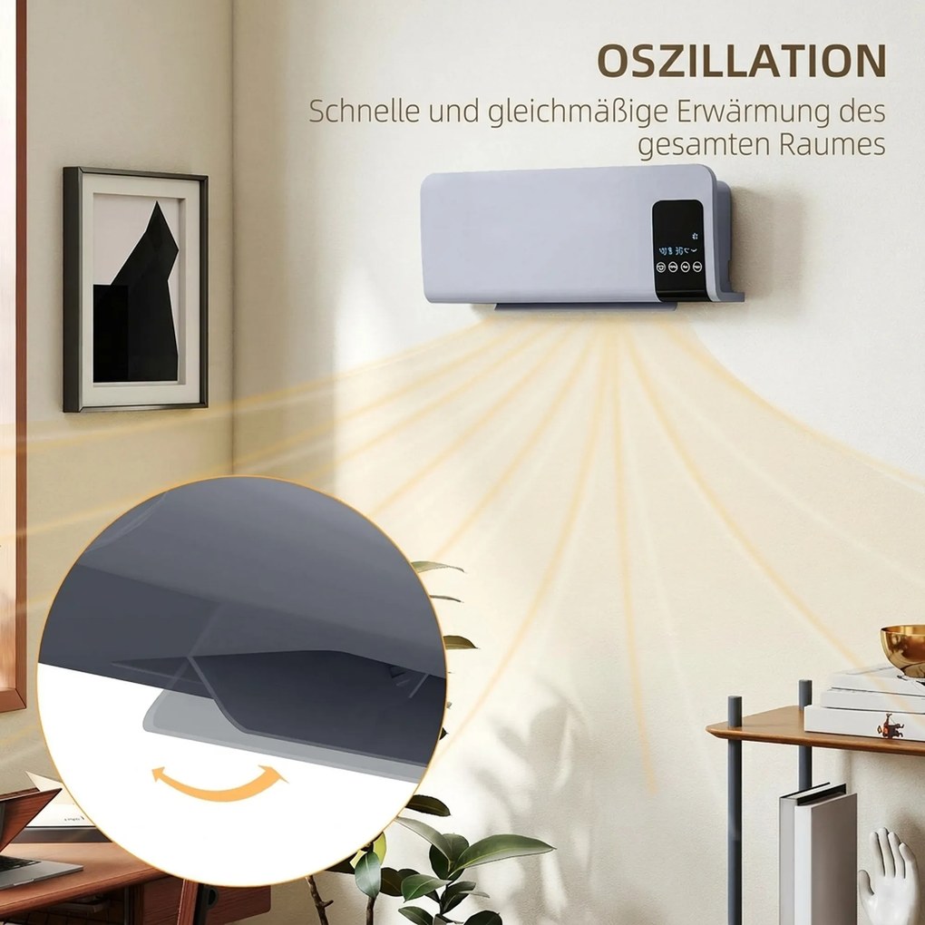 HOMCOM Elektrické topení, nástěnná montáž, oscilační funkce, 2 režimy, časovač, LED displej, šedá