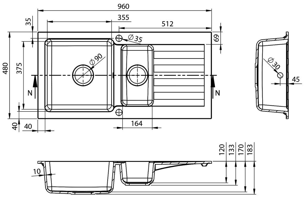 Sapho Granitový vestavný dřez s odkapem a vaničkou, 96x48cm, béžová - GR1332