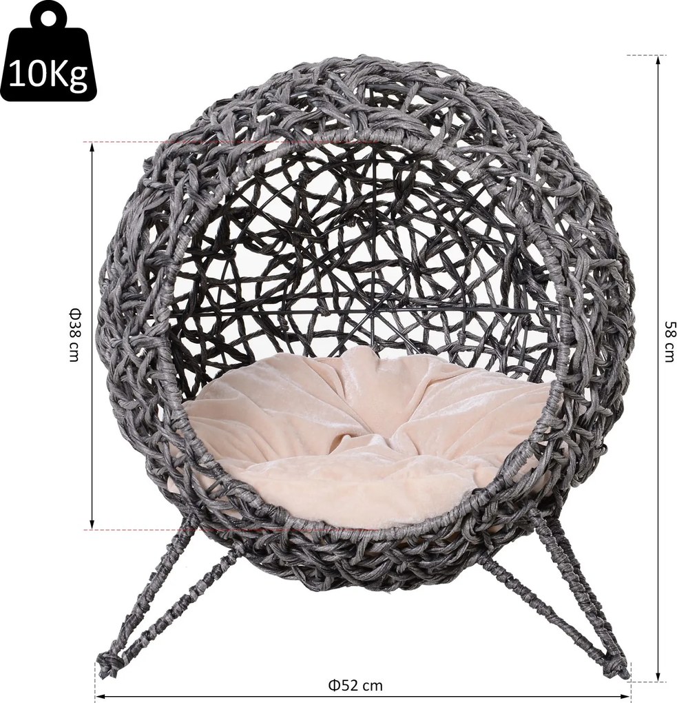 PawHut ratanový domeček pro kočky Elegantní kočičí jeskyně s polštářem, vyvýšené nohy, stříbrně šedá, Ø52x58cm| Aosom